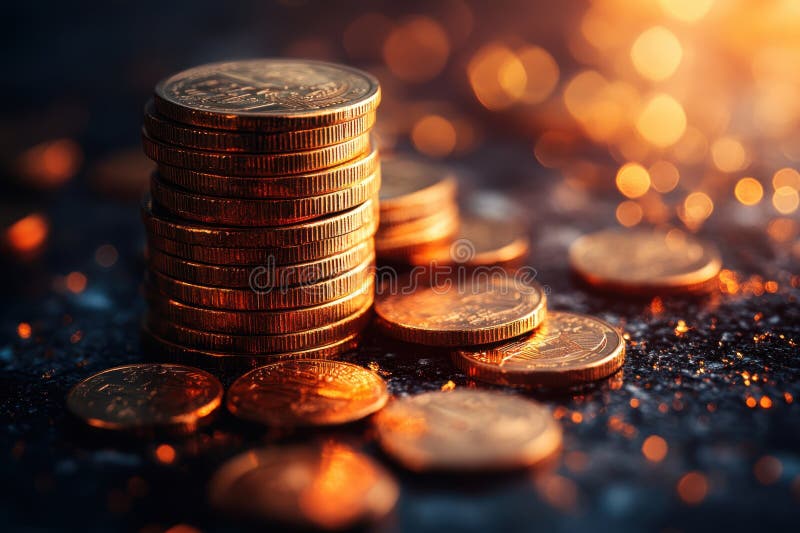 Stacks of Shiny Coins Reflecting Warm Light on a Dark Surface during a ...