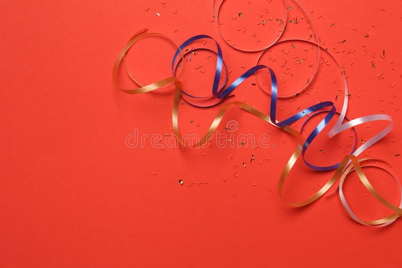 Shiny Confetti Party Streamers Red Background Flat Lay Space Text Stock ...