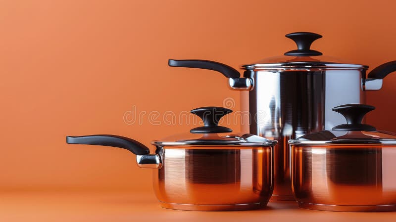 Shiny Copper Cookware Lined Up on a Wooden Surface in a Warm Toned ...