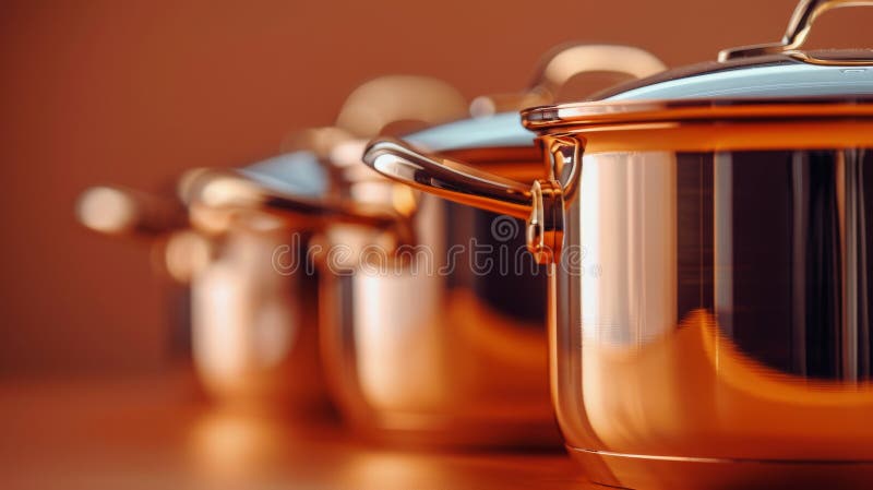 Shiny Copper Cookware Lined Up on a Wooden Surface in a Warm Toned ...