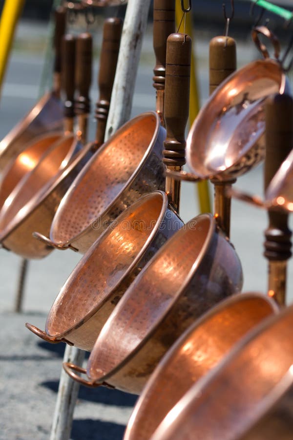 Shiny copper handmade pots stock photo. Image of clean - 62756982