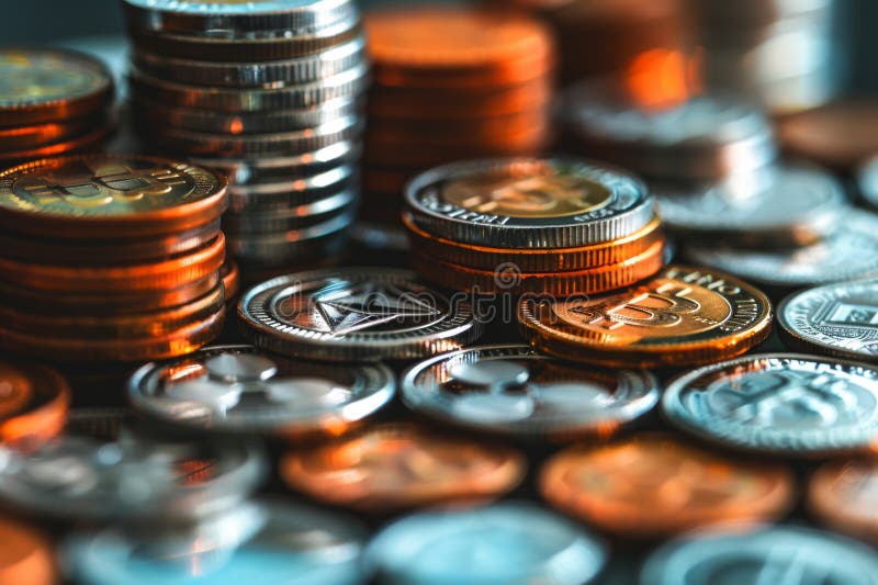Shiny Copper and Silver Coins with Ethereum Logo on Solid Background ...