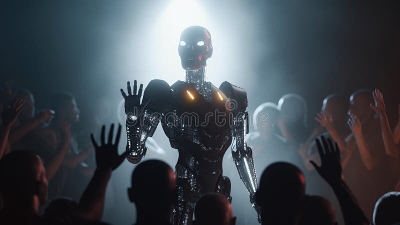 Shiny Cyborg with Glowing Lights Walking through the Cheering Crowd ...