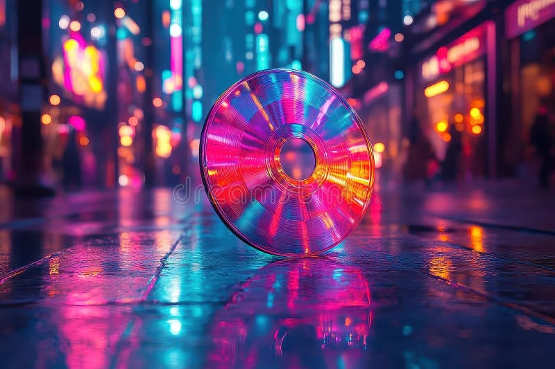 A Shiny Disc Reflecting Neon Lights in the City Stock Illustration ...