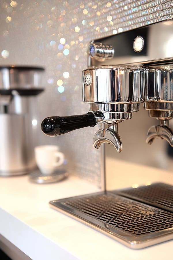 Shiny Espresso Machine in Modern Cafe Setting with Coffee Mug Stock ...