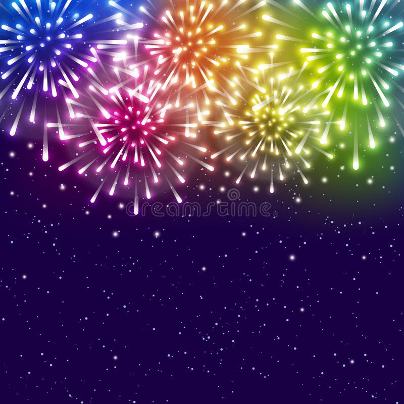 Shiny Fireworks on Starry Sky Background Stock Vector - Illustration of ...