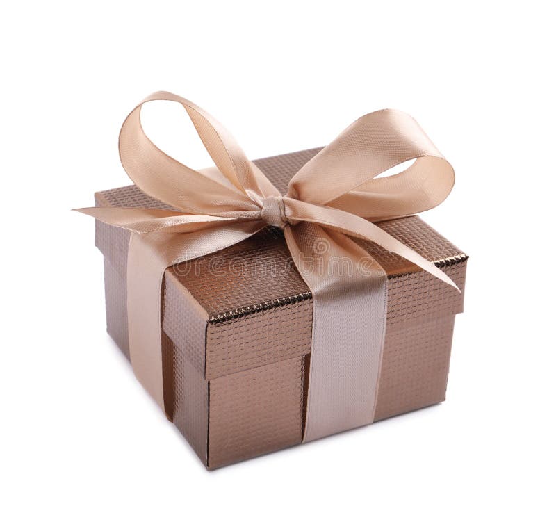 Shiny Gift Box with Golden Bow on White Background Stock Image - Image ...