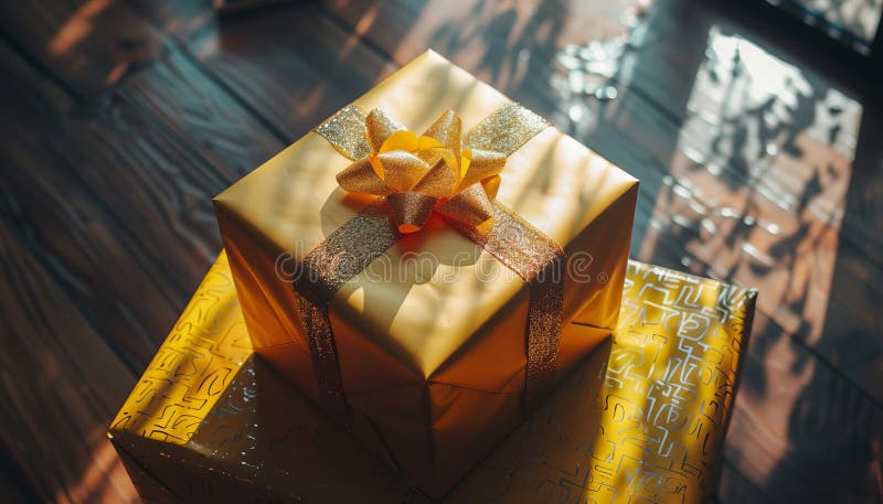 A Shiny Gift Box Wrapped in Yellow Wrapping Paper Stock Illustration ...