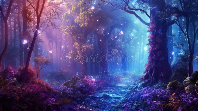 Shiny Glowing Magical Fabulous Forest with Fireflies. Generative AI ...