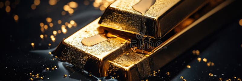 Shiny Gold Bars Resting on a Black Surface with Liquid Gold Dripping ...