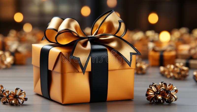 Shiny Gold Box Wrapped in Festive Christmas Decoration Generated by AI ...