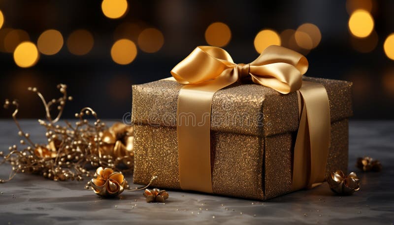 Shiny Gold Box Wrapped in Glitter, a Festive Decoration Generated by AI ...