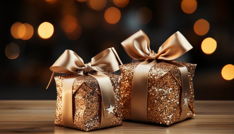 Shiny Gold Box Wrapped in Glitter, a Gift of Love Generated by AI Stock ...