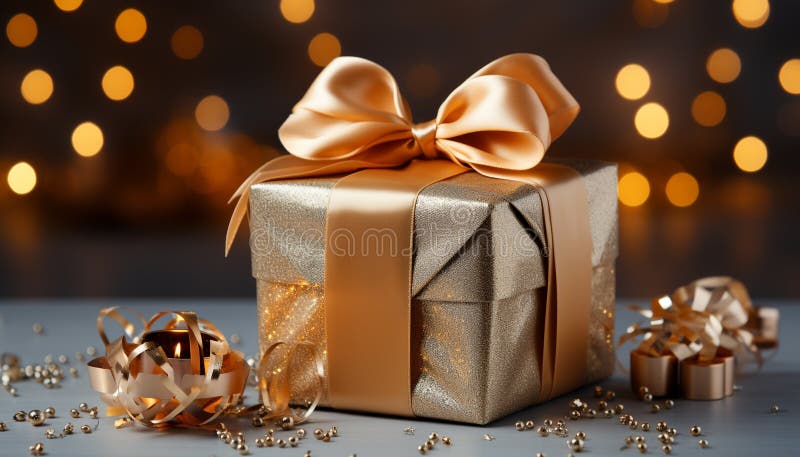 A Shiny Gold Box Wrapped in Glittery Christmas Paper Generated by AI ...