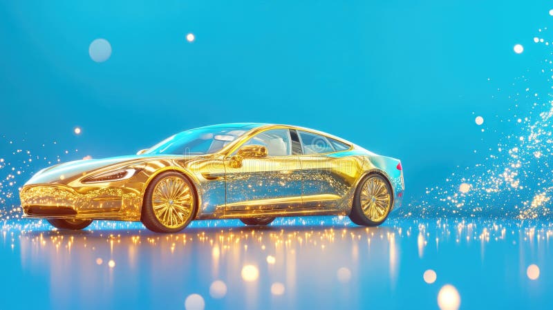 Shiny Gold Car with Sparkling Lights on a Blue Background Stock Image ...