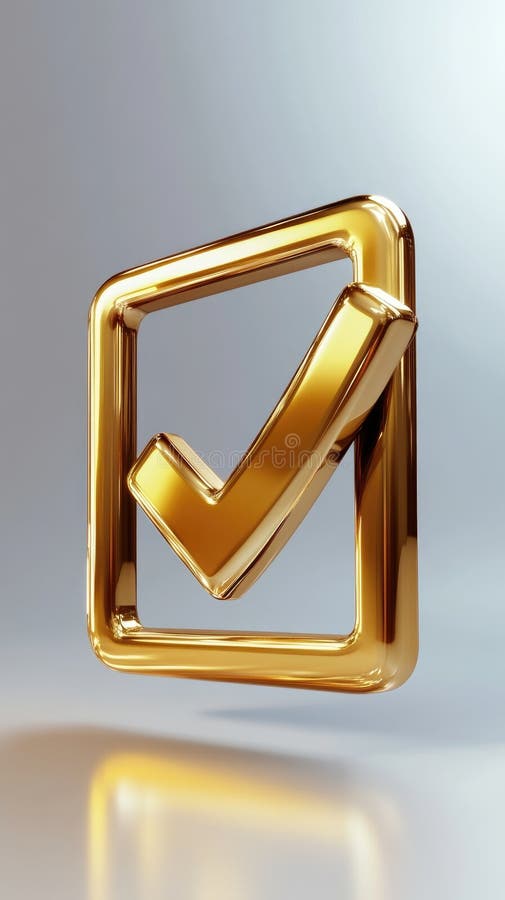 Shiny Gold Check Mark Symbol Floating on Reflective Surface Stock ...