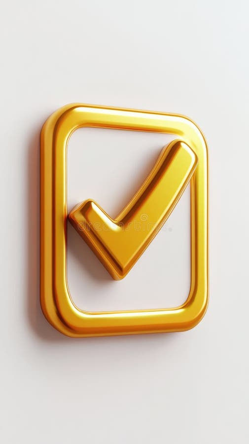 Shiny Gold Check Mark Symbol Floating on Reflective Surface Stock ...