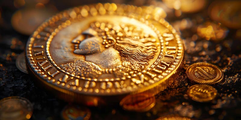 Shiny Gold Coin Resting Atop a Stack of Coins Stock Photo - Image of ...