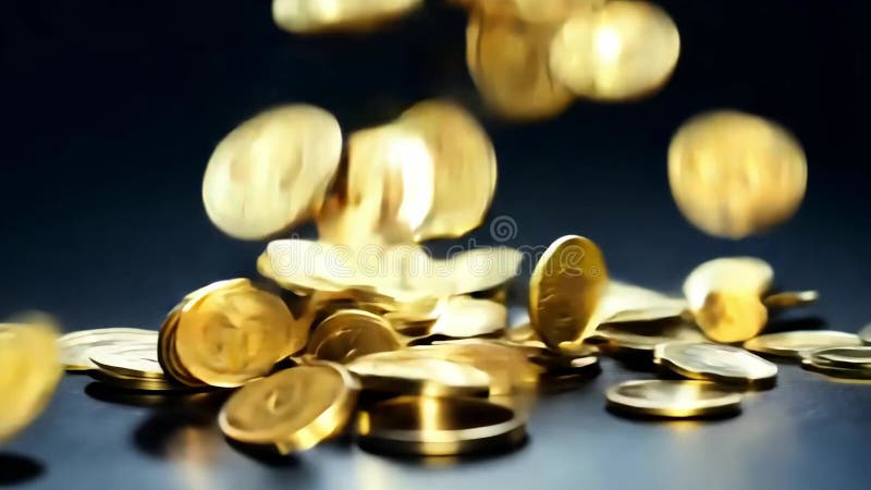 Shiny Gold Coins Falling Down Fall Down and Stack Up on Black ...
