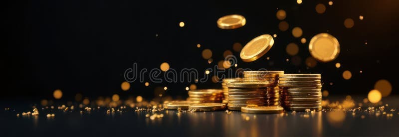 Gold Coins Falling on Stack Over Dark Background with Copy Space Stock ...