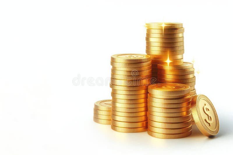 Shiny Gold Coins are Stacked in High Piles. Space for Text. Stock Image ...