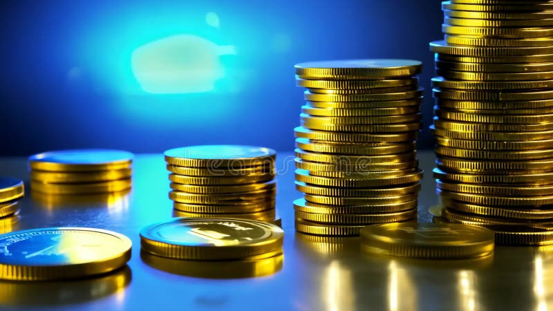 Shiny Gold Coins Stacked with Scattered Coins in a Glowing Blue ...