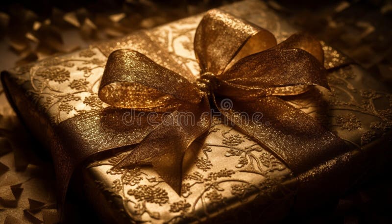 A Shiny Gold Colored Gift Box Wrapped in Elegant Satin Generated by AI ...