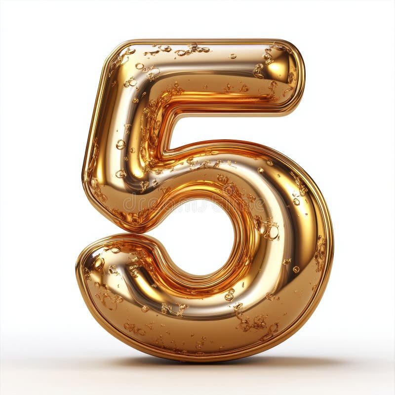 Shiny Gold 3D Number Five with Bubbles on White Background, Perfect for ...