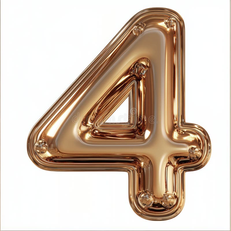 Shiny Gold 3D Number Four with Smooth Surface and Decorative Elements ...