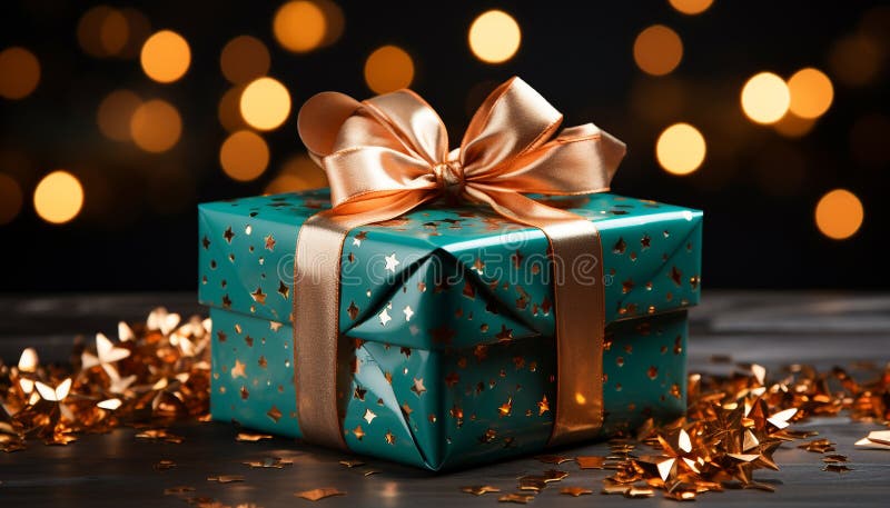 Shiny Gold Gift Box Illuminated in Celebration, Wrapped with Glitter ...