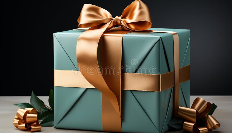 A Shiny Gold Gift Box Wrapped in Blue Wrapping Paper Generated by AI ...