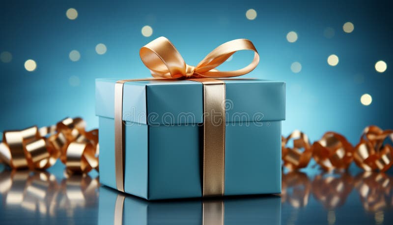 A Shiny Gold Gift Box Wrapped in Blue Wrapping Paper Generated by AI ...