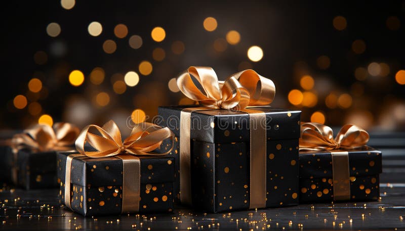 A Shiny Gold Gift Box Wrapped in Festive Wrapping Paper Generated by AI ...