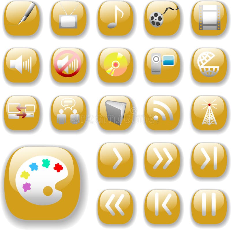 Shiny Gold Icons, Digital Media Art Set Stock Vector - Illustration of ...