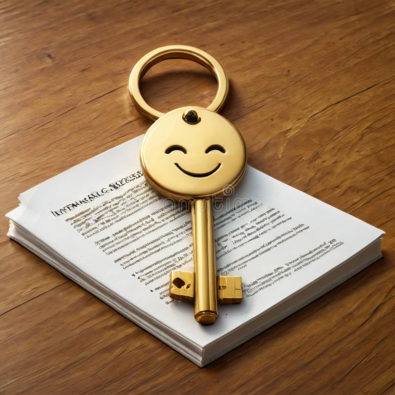 Smiley Gold Key on a Stack of Papers, Wooden Desk Background Stock ...