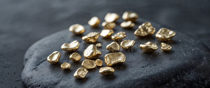 Shiny Gold Nuggets are Scattered on a Dark Gray Rock Stock Image ...