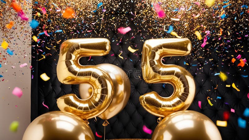 Shiny Gold Number 55 Balloon, Confetti, Festive Design Dark Background ...