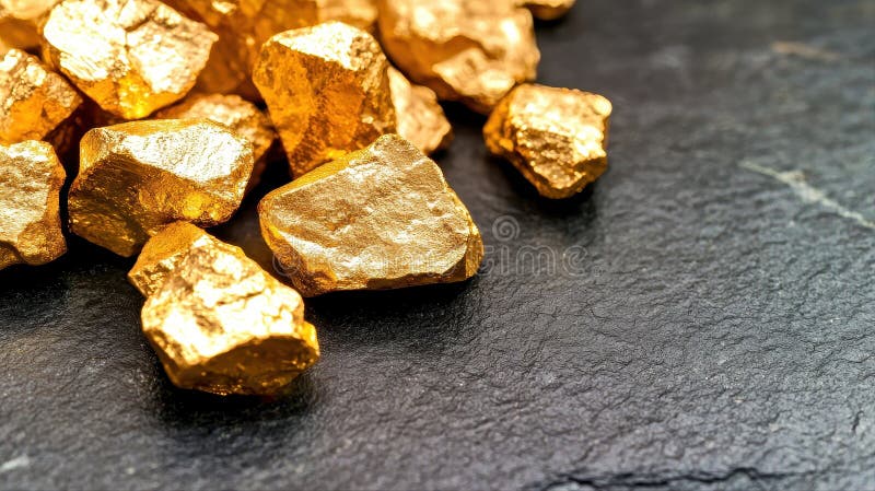 Shiny Gold Ore Pieces Scattered Artistically on a Black Slate Surface ...