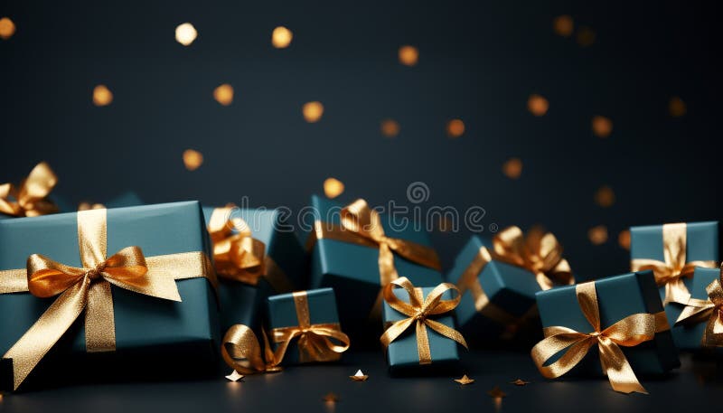 Shiny Gold Package Wrapped in Blue, Glowing Christmas Decoration ...