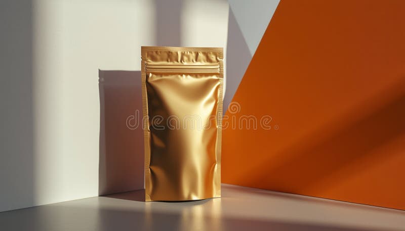 Shiny Gold Packaging Against a Vibrant Orange Backdrop Stock Photo ...
