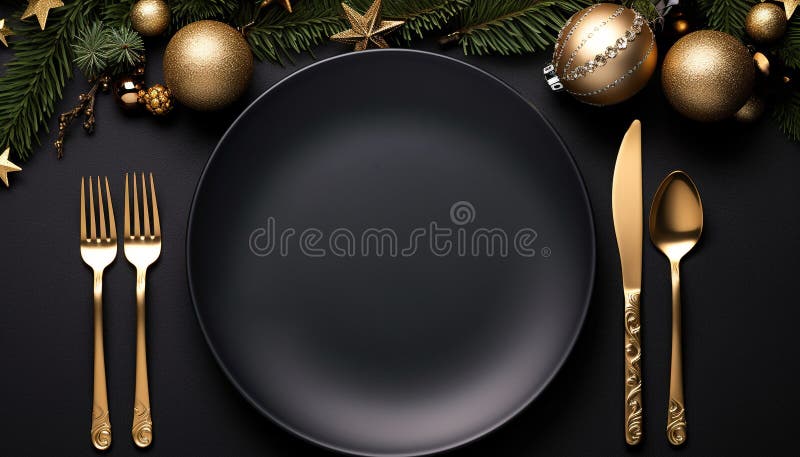 Shiny Gold Plate with Silverware on Table Generated by AI Stock Image ...