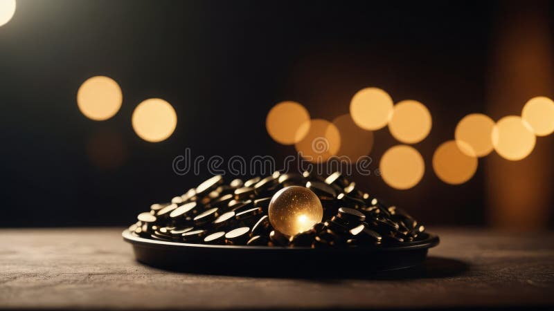 Shiny Gold Sphere on a Pile of Metallic Discs with Bokeh Lights Stock ...