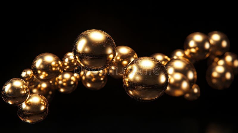Shiny Gold Spheres Floating Against Dark Background Reflecting Light in ...