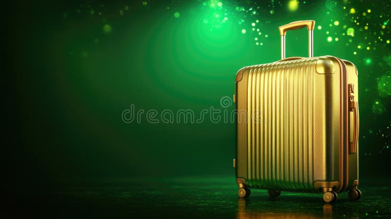 Shiny Gold Suitcase on Sparkling Green Background Stock Image - Image ...