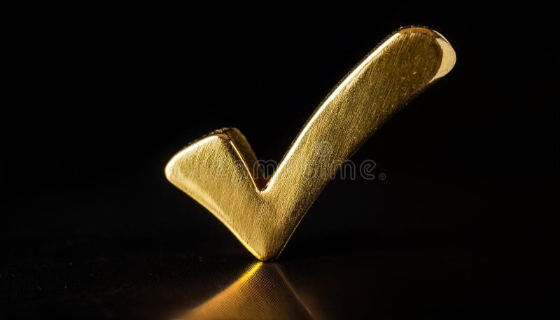 Shiny Gold Tick Mark Isolated on Black Backdrop. Confirmation or ...