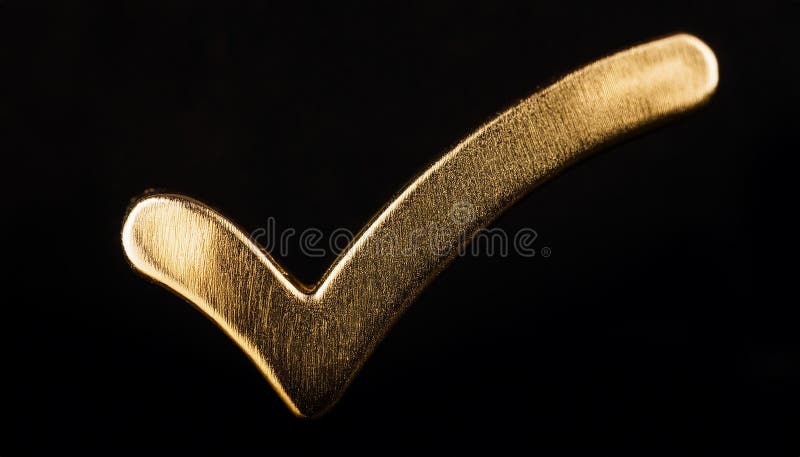 Shiny Gold Tick Mark Isolated on Black Backdrop. Confirmation or ...