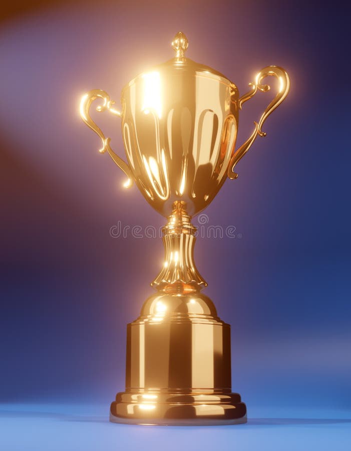 Shiny Gold Trophy on a Blue Background, 3D Render. Stock Illustration ...