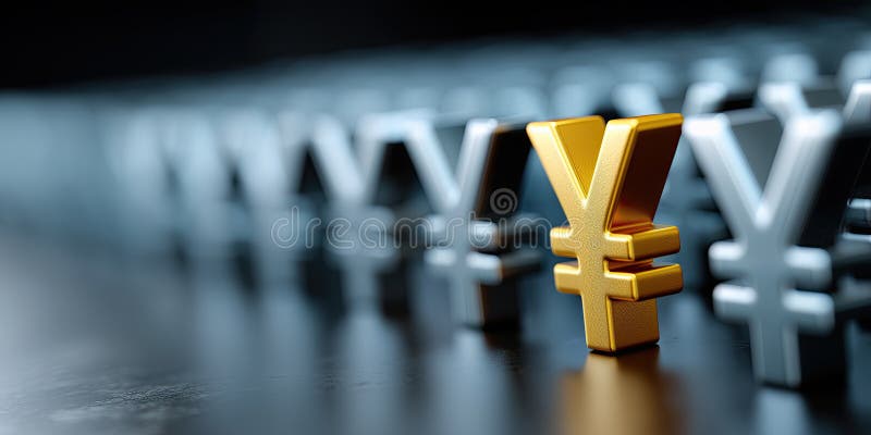 Shiny Gold Yuan Symbol Stands Out among Rows of Silver Yuan Signs on ...