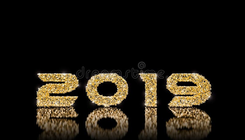 Golden 2019 Numbers on the Glittering Confetti and Dots on Black Stock ...