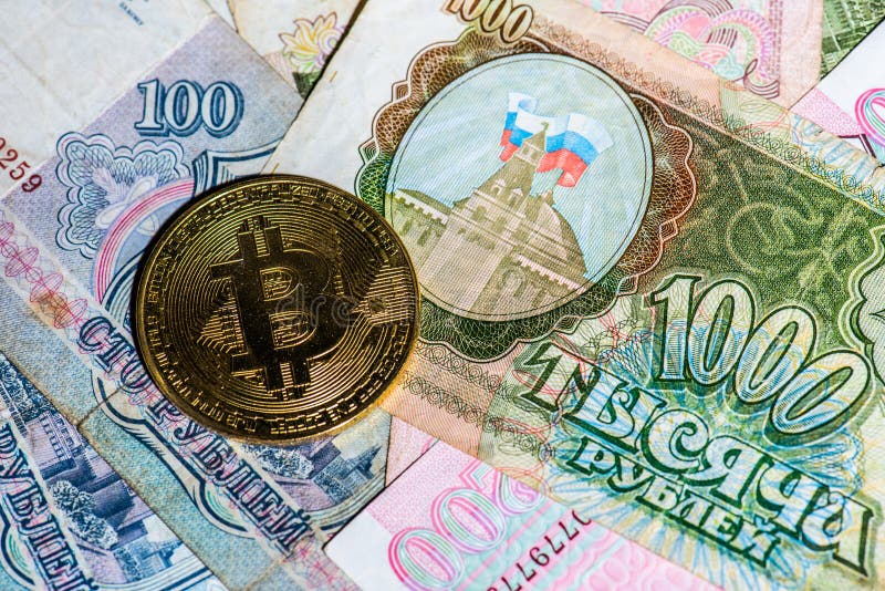 Shiny Golden Bitcoin Placed on Old Russian Ruble Notes.. Editorial ...